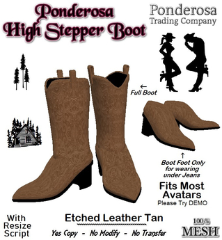 Second Life Marketplace - High Stepper Boot [MESH] Etched Leather Tan